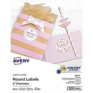 Avery Printable Round Labels with Sure Feed, 2" Diameter, Matte White, 300 Customizable Labels (22877)