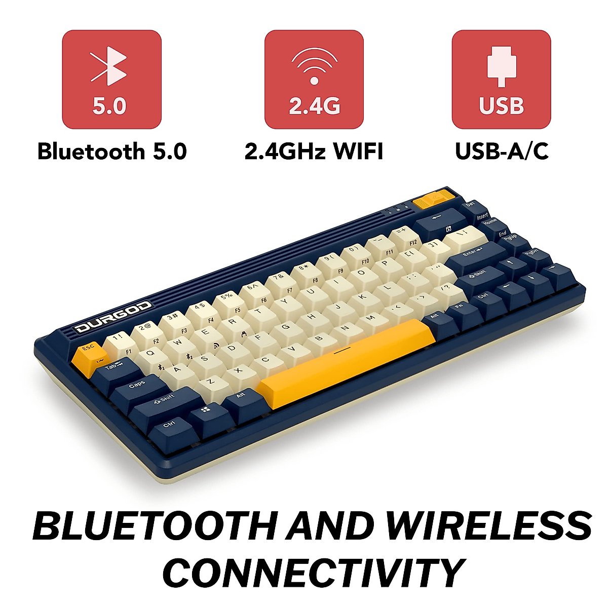 DURGOD Fusion Mechanical Retro Keyboard | 65% Layout | Wireless 2.4 GHz, Bluetooth 5.0, USB C | Doubleshot PBT | Up to 40 Days Battery Life | Windows, Android, iOS (Cherry MX Speed Silver, Navigator)