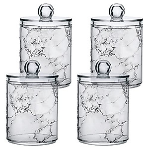ALAZA 4pcs Marble Texture Gray Qtip Holder Dispenser 14 oz Bathroom Storage Clear Apothecary Jars Containers Cotton Ball,Cotton Rounds,Floss Picks, Hair Clips, Food