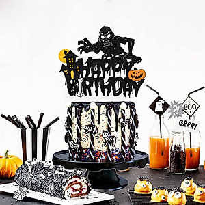 Halloween Birthday Cake Topper for Skull Wizard Witches Ghost Spooky house boo Cat Zombie Pumpkin Tombstone Theme Boys Girls Kids Men Women Happy Birthday Baby Shower Party Decorations Event Supplies