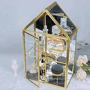 Wall Glass Cabinet Display for Perfume, Small Glass Display Curio Cabinets with Doors Wall Mounted, 2 Tiered Small Gold Curio Cabinet with Mirror Cosmetics Perfumes Storage for Bathroom