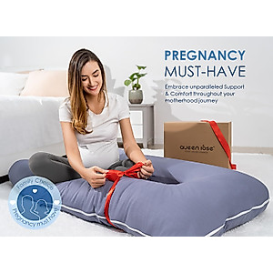 QUEEN ROSE Pregnancy Pillows, Cooling U Shaped Body Pillow for Sleeping, Maternity Pillow for Pregnant Women, Organic Cotton and Back Pain Relief, Grey