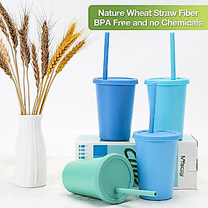 Mfacoy 4 Pack Wheat Straw Cups with Lid and Straws, 10 oz Unbreakable Kids Cups, Reusable Drinking Cups, Small Water Cups, Colourful Tumbler Cups for Kitchen, BPA Free, Dishwasher & Microwave Safe