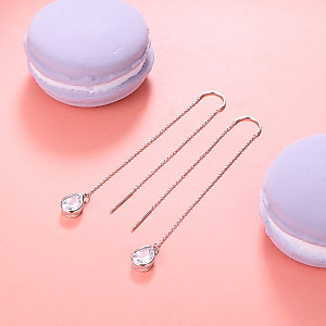 Threader Earrings 925 Sterling Silver Teardrop Earrings Droplet Jewelry Drop Dangle Long Charm Earrings for Women Birthday Gifts (Threader Earrings CZ)