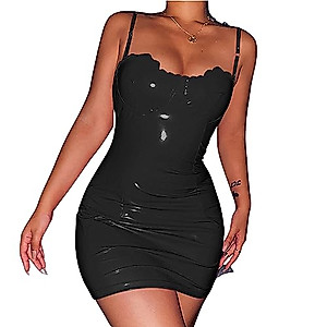 Aeefnuie Women Latex Mini Dress Sexy Faux Leather Slim Dress Spaghetti Straps Backless Club Party Wear Large