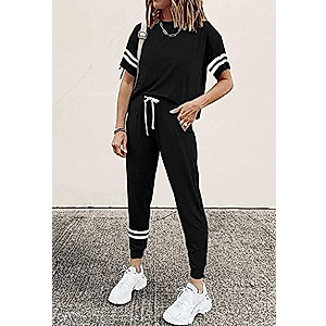 PRETTYGARDEN Women’s Summer Two Piece Outfits Striped Short Sleeve Pullover and Long Pants Tracksuit Pajama Lounge Jogging Set With Pockets (Black, Large)