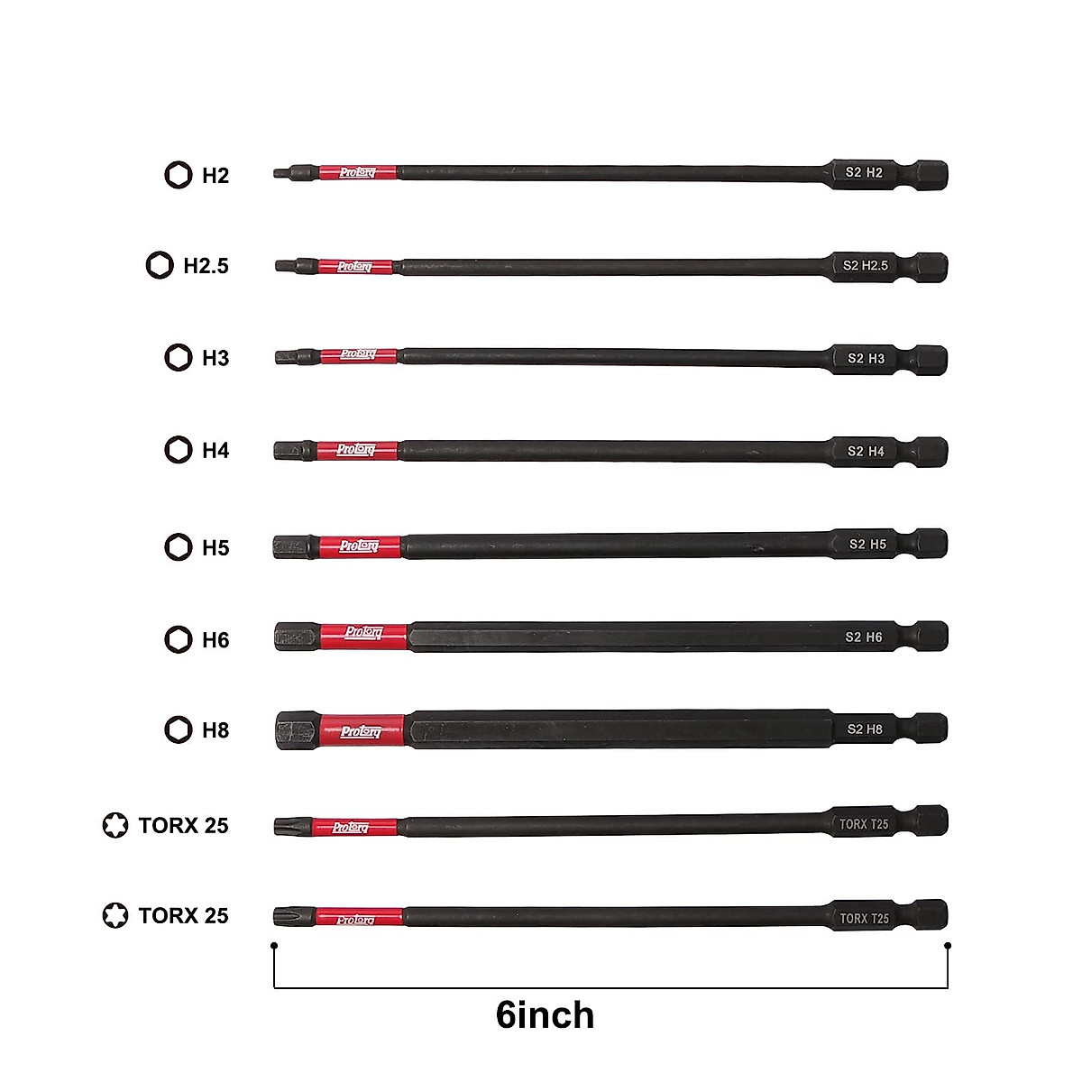 Protorq Long Impact Bit Set, Hex H2-H8,TORX T25, 6-Inch Length, 9-Piece,Industrial Strength, 1/4" Hex Shank, widely used in motorcycle, bike maintance.