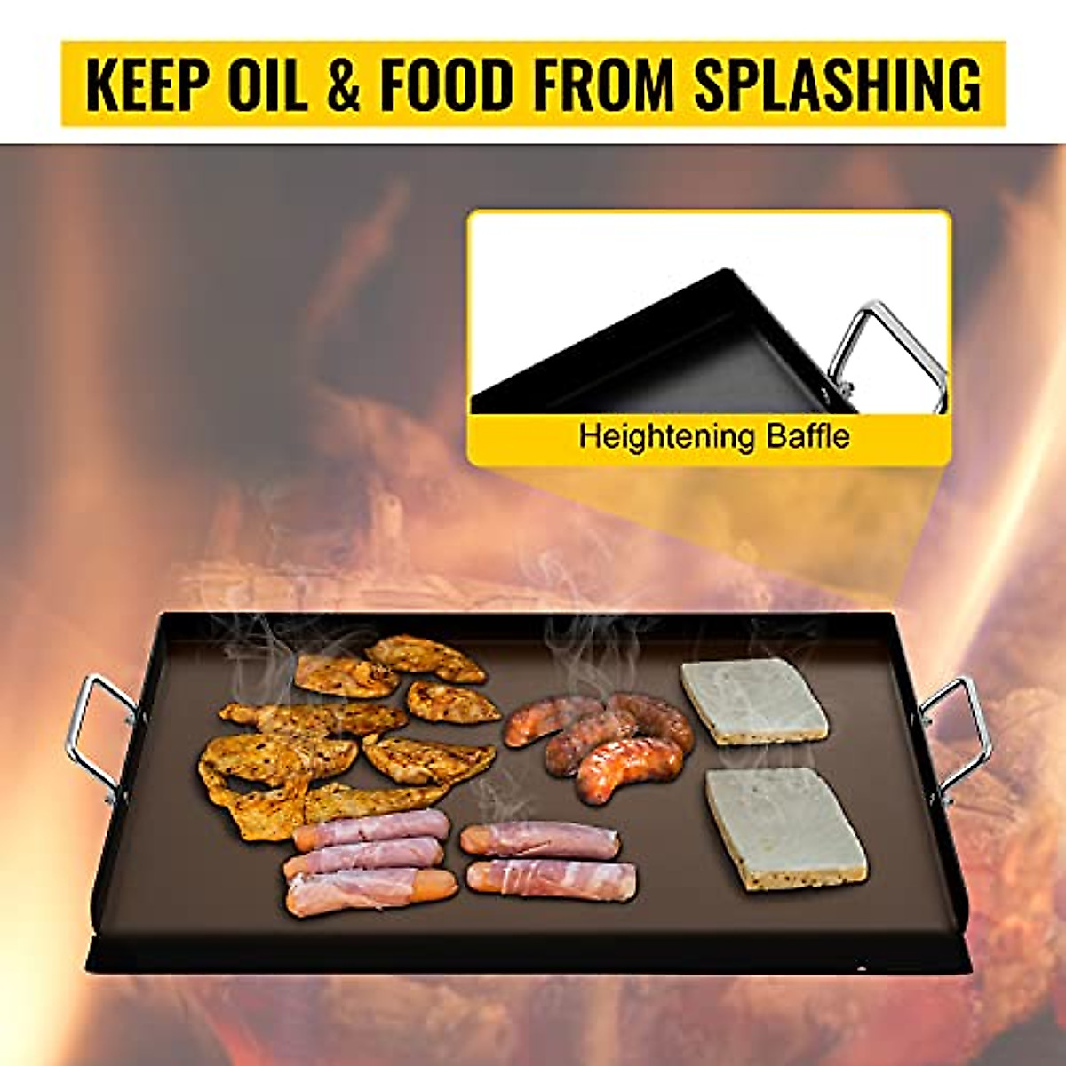 VEVOR Carbon Steel Griddle, Griddle Flat Top Plate, Griddle for BBQ Charcoal/Gas Gril with 2 Handles, Rectangular Flat Top Grill with Extra Drain Hole for Tailgating and Parties (16"x24")
