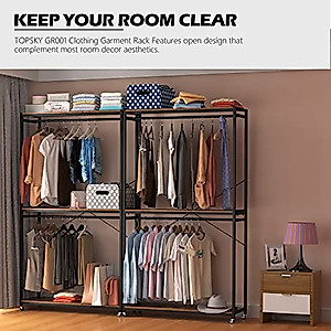 TOPSKY Clothes Rack, Clothing Garment Rack on Wheels, 3 Tiers Shelves Double Hanging Rod Clothes Garment Racks with Storage Shelves Heavy Duty (Rustic Brown)