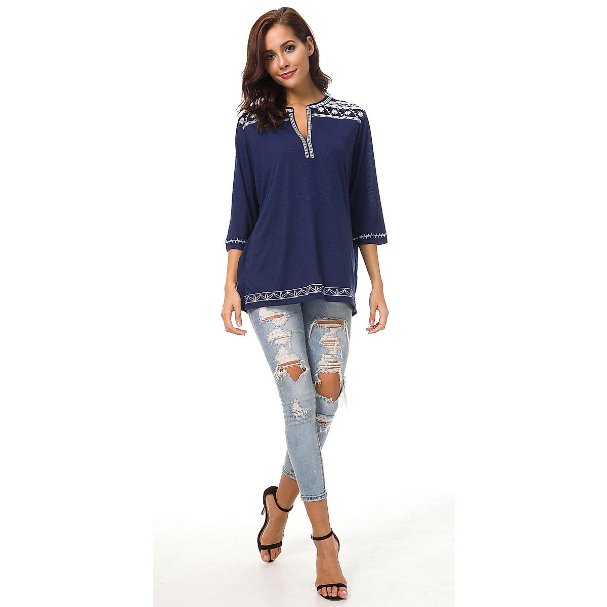 Women's Summer Tops Boho V-Neck Embroidery Short Sleeve Blouses for Women Fashion Navy Blue
