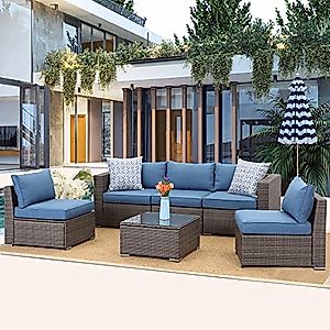Wisteria Lane 6 Piece Outdoor Patio Furniture Sets, Outdoor Sectional Furniture with Tempered Glass Table and Cushion, Wicker Patio Conversation Sets for Garden Backyard, Blue