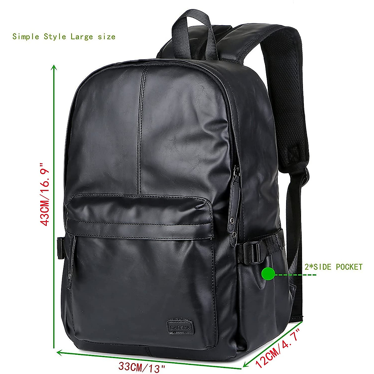 Baosha BP-08 Unisex PU Leather Computer Laptop Bag 15.6 inch College School Backpack Shoulder Bags Travel Hiking Rucksack Casual Daypack Black