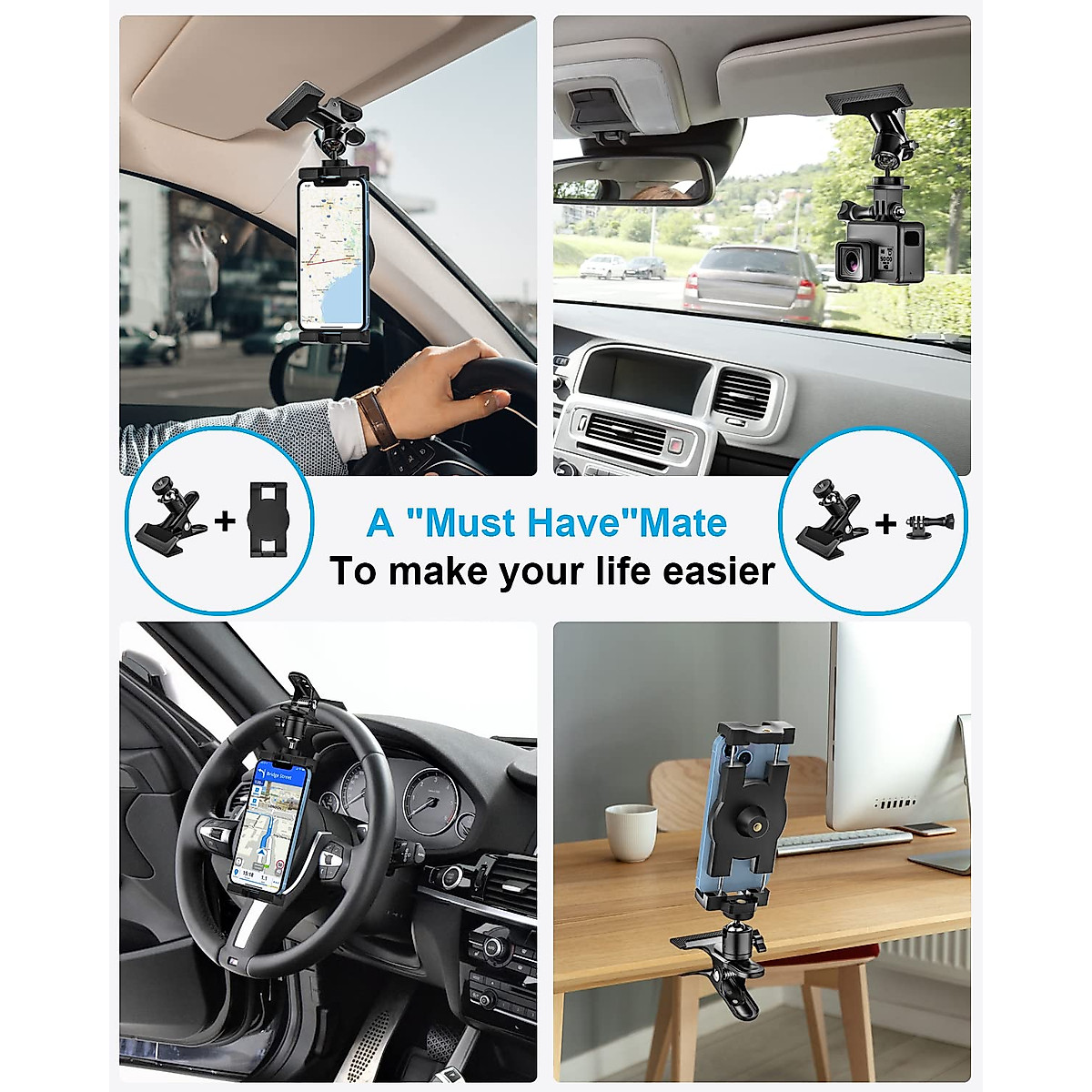 Sun Visor Phone Holder for Car [360° Super Metal Clip] Car Visor Cell Phone Mount, Universal Steering Wheel Phone Clamp with 1/4'' Screw Adapter for iPhone, Android Smartphone, Tablet, Gopro, Camera