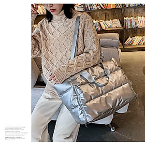 Puffer Tote Bag,Women Large Designer Handbags, Winter Soft Puffer Shoulder Bag Women Yoga Fitness Bag Travel Bag (Silver)