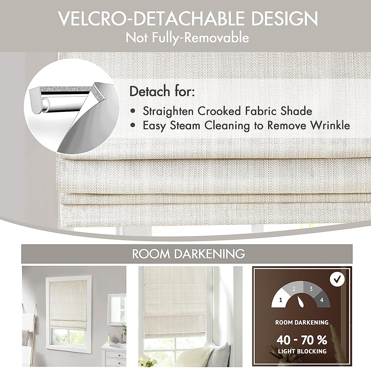 Madison Park Galen Cordless Roman Shades - Fabric Privacy Single Panel Darkening, Energy Efficient, Thermal Insulated Window Blind Treatment, for Bedroom, Living Room Decor, 35" x 64", Ivory