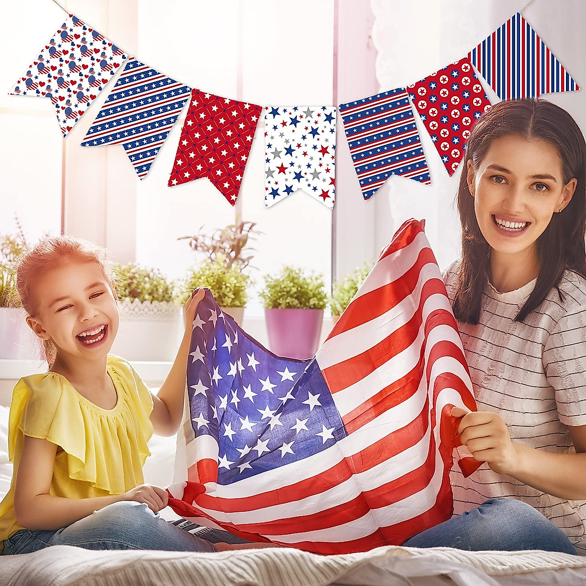 Whaline 12Pcs Patriotic Cotton Fabric Bundles 18 x 22 Inch Star Firework Fat Quarters 4th of July Quilting Patchwork Squares Independence Day Sewing Fabrics for DIY Handmade Crafting Home Party Decor