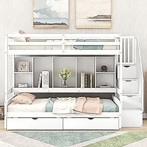 DEYOBED Twin Over Full Wooden Bunk Bed with Storage Shelves Drawers and Staircase for Kids Teens Adults
