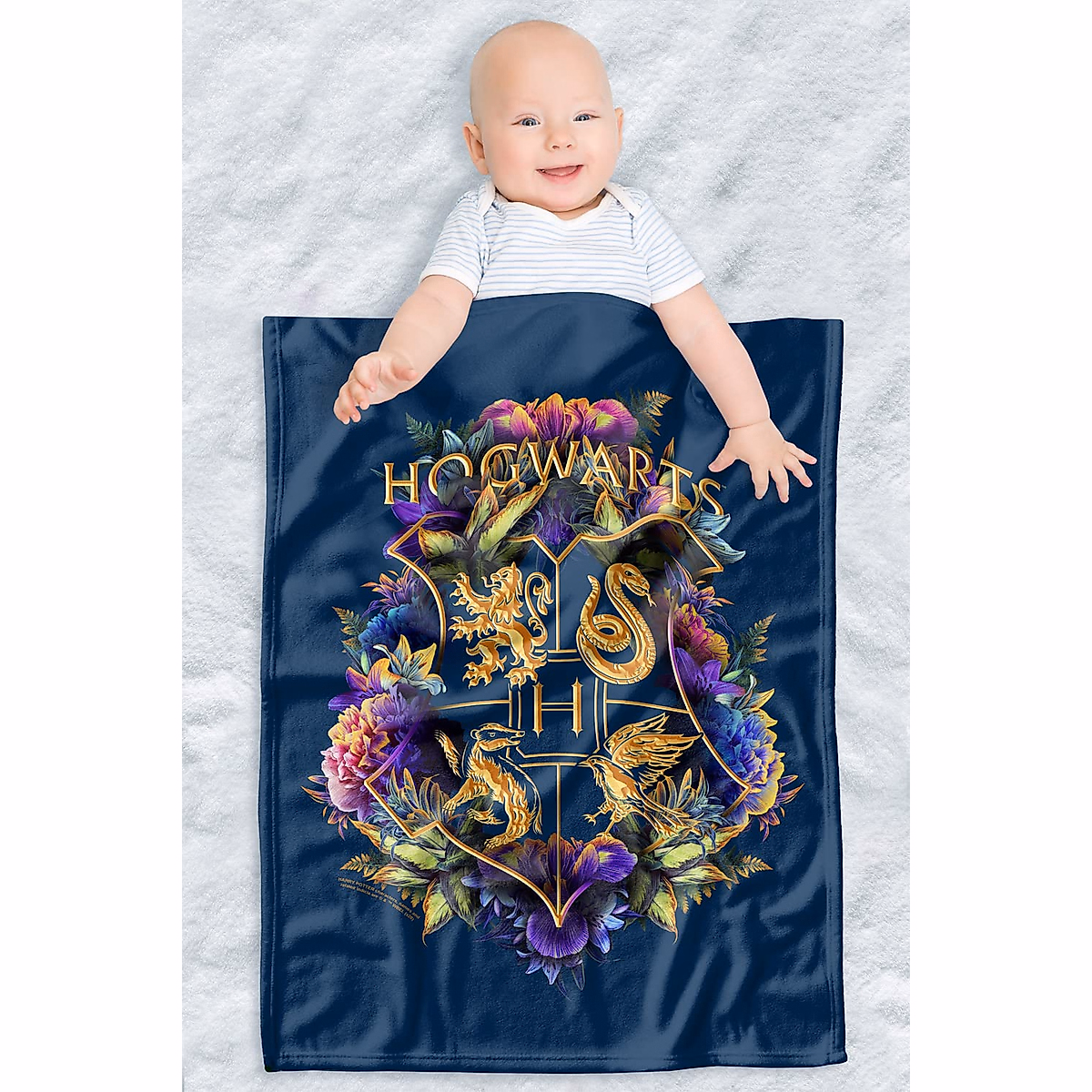 Harry Potter Lightweight Baby Blanket, 30"X40", Hogwarts Multi-Colored Floral Crest Unisex for Infants Girls & Boys
