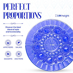 elle decor Glass Dessert Plate | Set of 4 | Blue | 6-Inch | Dessert, Dinner, or Appetizer Plate | Snack, Fruit, or Side Plate | Serveware | Glass Design | Dishwasher Safe