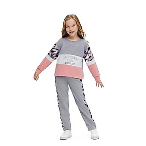 PATPAT Girls Outfits Grey Pink Crew Neck Leopard Color Block Sweatshirt and Sweatpant Girls Outfits Size 7/8