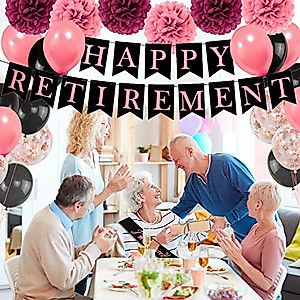 Retirement Party Decorations for Women, Rose Gold Happy Retirement Banner Retired Sash Paper Pom Poms Confetti Balloons Set Retirement Decorations Party Supplies