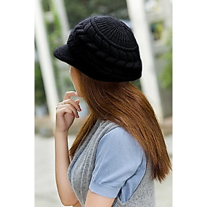 HINDAWI Women Winter Warm Knit Hat Wool Snow Caps with Visor, Black