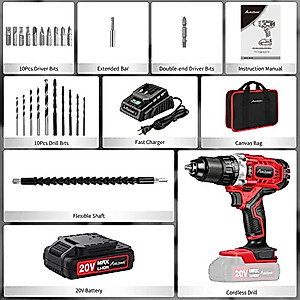 AVID POWER Drill Set Cordless 20V Electric Drill with Battery and Fast Charger, Variable Speed, 23+1 Torque Setting, 23pcs Accessories Drill Kit, Hand Drill with 1/2-Inch Metal Keyless Chuck