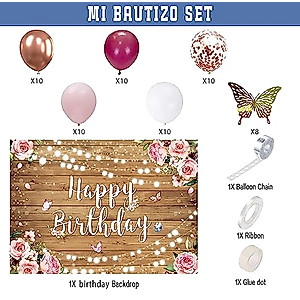 Pink Birthday Party Decorations,Butterfly Rustic Wood Flowers Happy Birthday Backdrop Banner Hot Pink Balloon Arch Garland Kit for Women Girl Birthday Party Supplies