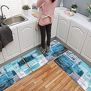 Pauwer Kitchen Rug Sets 3 Piece with Runner Farmhouse Kitchen Rugs and Mats Non Skid Washable Cushioned Kitchen Area Rug Floor Mat Waterproof Runner Rugs for Hallway Kitchen Laundry Room, Turquoise
