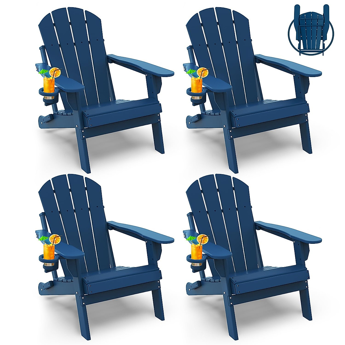 GREENVINES Folding-Adirondack-Chairs-Set-of-4 | HDPE Plastic | Fire Pit Chair | All Weather | Cup Holder | Blue | for Deck Backyard Patio Outdoor Garden