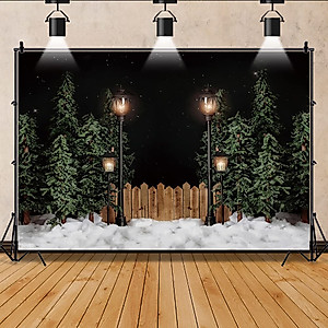 Yeele 5x3ft Winter Snow Night Backdrop Christmas Forest Scene Green Pine Tree Street Lights Photography Background Fairy Wonderland Kids Xmas New Year Party Decor Banner