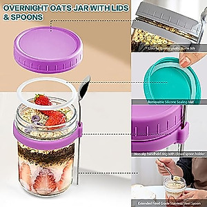 ZIZOTI 8 Packs Glass Overnight Oats Containers with Lids and Spoons,2 Size 16 Oz & 10 Oz Mason Overnight Oat Jars, Airtight Breakfast Meal Prep Glass Container to Go for Chia Yogurt Salad Cereal Fruit