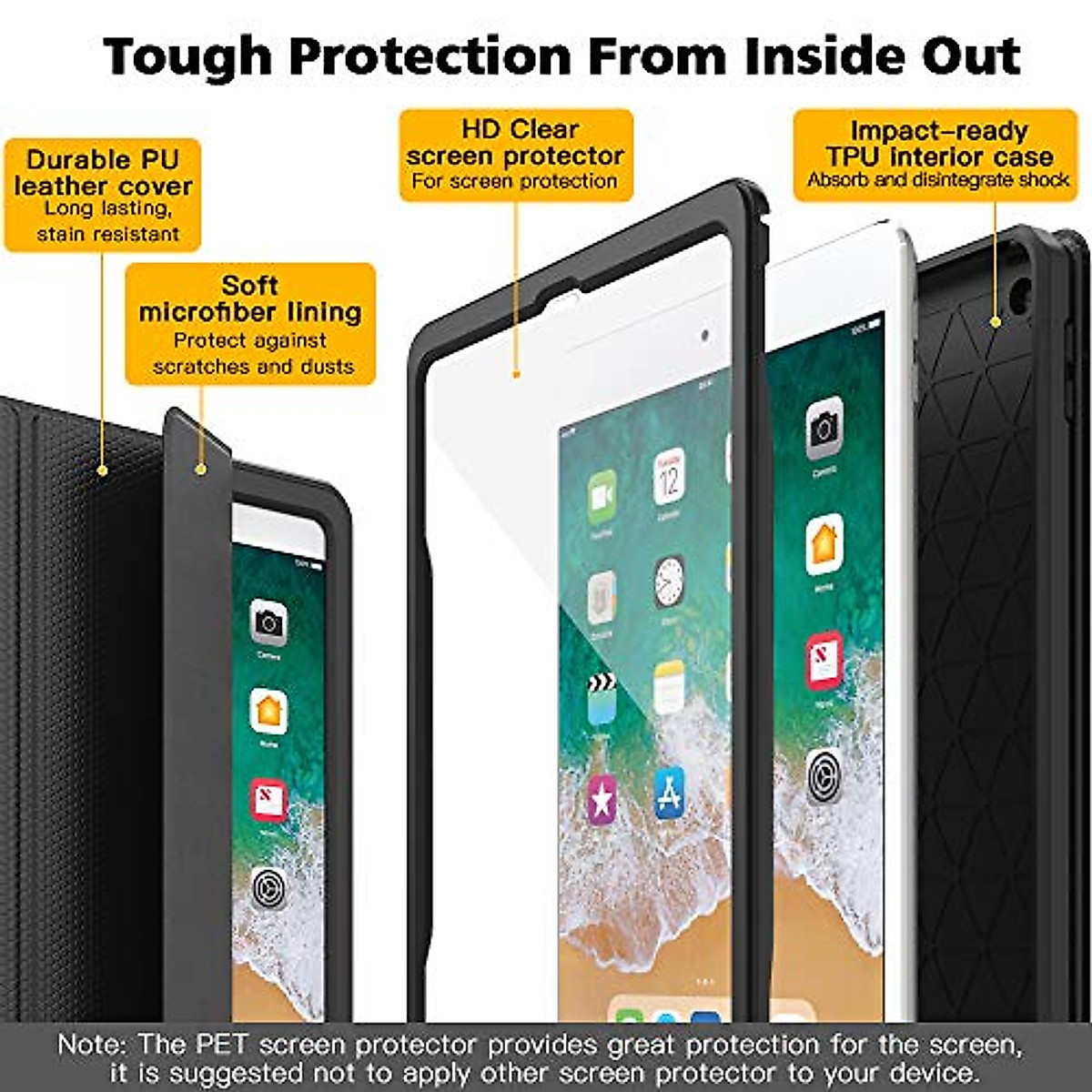 MoKo Case Fit 2018/2017 iPad 9.7 6th/5th Generation, [Built-in Screen Protector] Full-Body Shockproof Case Smart Shell Trifold Stand Cover with Auto Sleep/Wake & Pencil Holder - Black