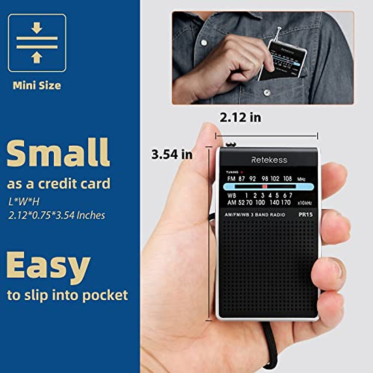 Retekess PR15 Pocket NOAA Weather Radio, AM FM Emergency Weather Radio Portable, Little Transistor Radio Powered by AAA Battery for Walking, Camping (Silver Black)