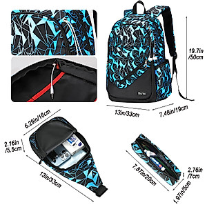 bunie Boys Backpack for School Large Bookbag Waterproof Schoolbag Pencil Case Sling Bag Set for Middle High Casual Daypack (Blue)