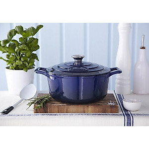 La Cuisine Enameled Cast Iron Dutch Oven Casserole Dish Pot with Lid, 5 QT 10.3” Dia. Cream White Enamel Interior 2-tone Sapphire Enamel Coating Exterior Oven-Safe