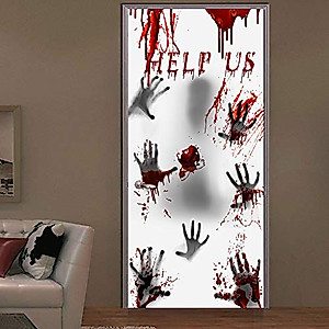 Halloween Giant Bloody Window Posters, Zombie Door Cover Help Me, Bloody Handprint Window Clings Party Decoration, Wall Poster Haunted House Door Cover, Bloody Hands Mural,Scary Halloween Window Decor
