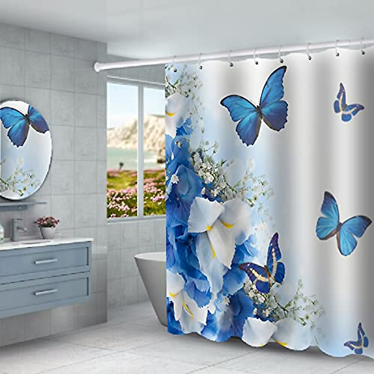 BIUSTAR 4 Piece Blue Butterfly Shower Curtains Sets with Non-Slip Rugs, Toilet Lid Cover and Bath Mat, Bathroom Sets with Shower Curtain and Rugs and Accessories