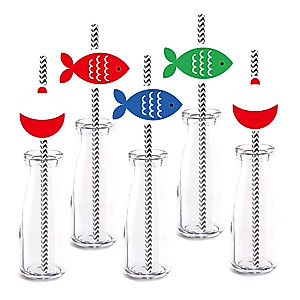 Gone Fishing Party Straw Decor, 24-Pack Fisherman Fish Baby Shower Kids Birthday Party Decorations, Paper Decorative Straws