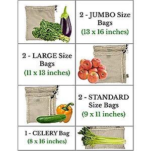ZERO WASTE ORGANIC COTTON MESH REUSABLE PRODUCE BAG SET | Premium Washable Bags for Fresh Fruits & Vegetables | Compostable, Biodegradable | Sustainable Alternative to Plastic Bags | 4 Sizes | 7 Bags