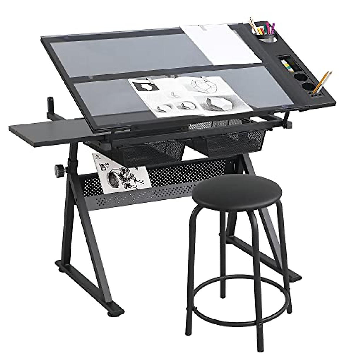 Lamerge Glass Drafting Table with Stool, Drawing Desk for Adults/Artists 2 Storage Drawers,Height Adjustable 0-75° Tilting Home Office, Black (Drafting Table001)