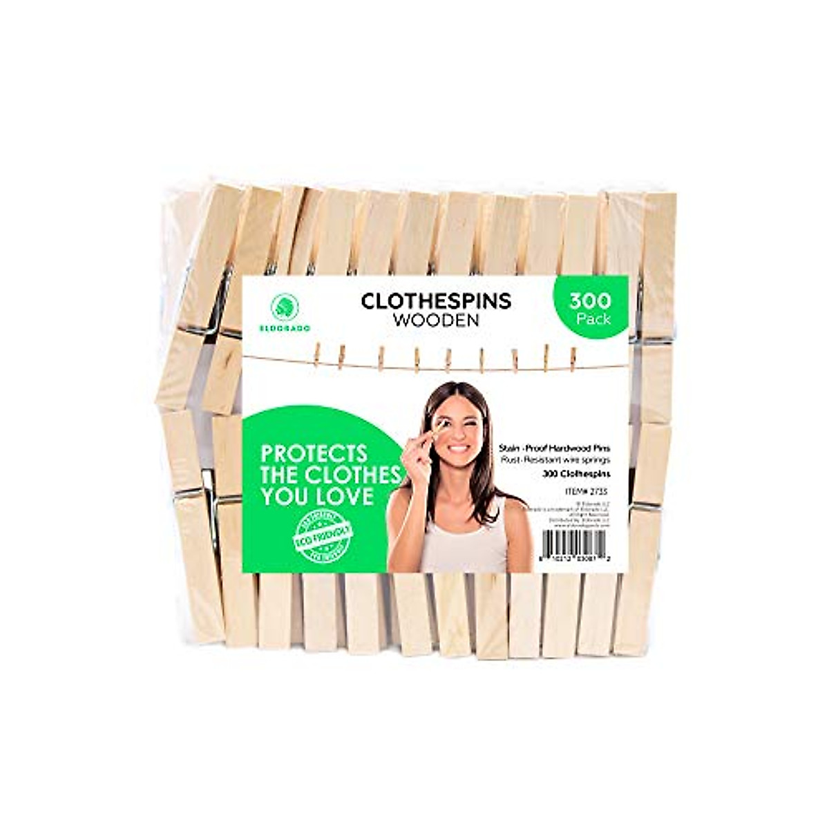 Eldorado Clothespins - 300 PCS. Standard Natural Wooden, Stain Proof, 3 inch, for Multipurpose Everyday Laundry, Clothes, Towels, Craft, Photos, Pictures, Decor, Baby Shower, Art Wall (300)