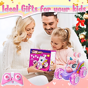 Unicorn Remote Control Car for Girls, 360° Rotating 4WD Stunt RC Cars with Cute Lights, Rechargeable Car Toys Birthday Gifts for Kids Girl Age 3 4-6 6-8