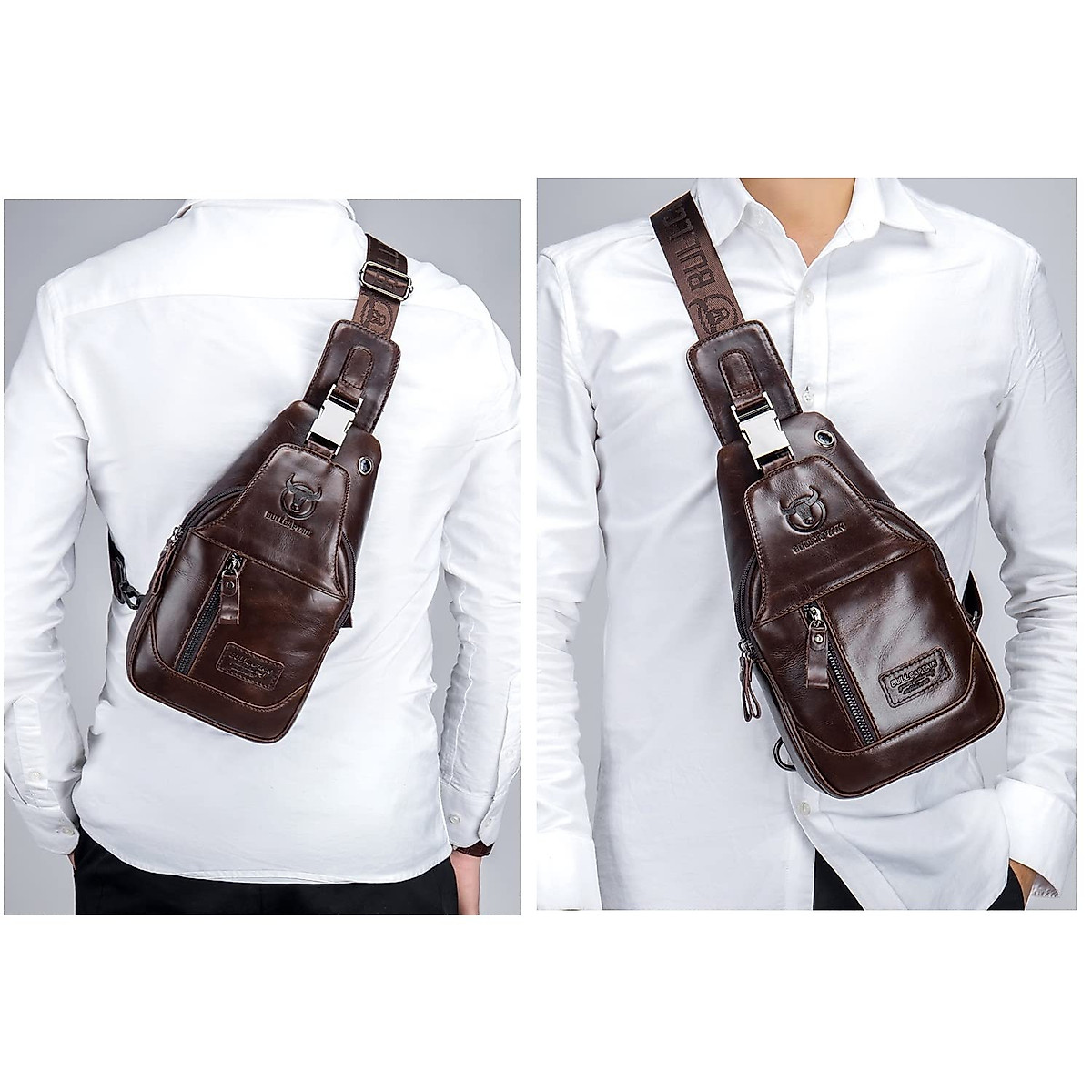 BULLCAPTAIN Sling Bag Genuine Leather Crossbody Backpack Outdoor Travel Chest Bag Daypack (Brown)