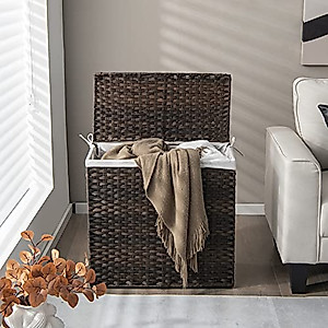 GOFLAME Laundry Hamper with Lid & Handles, 110L Divided Dirty Clothes Hamper with 3 Sections, Handwoven Rattan Laundry Basket with Removable & Machine Washable Liner Bag, Foldable & Easy Assembly