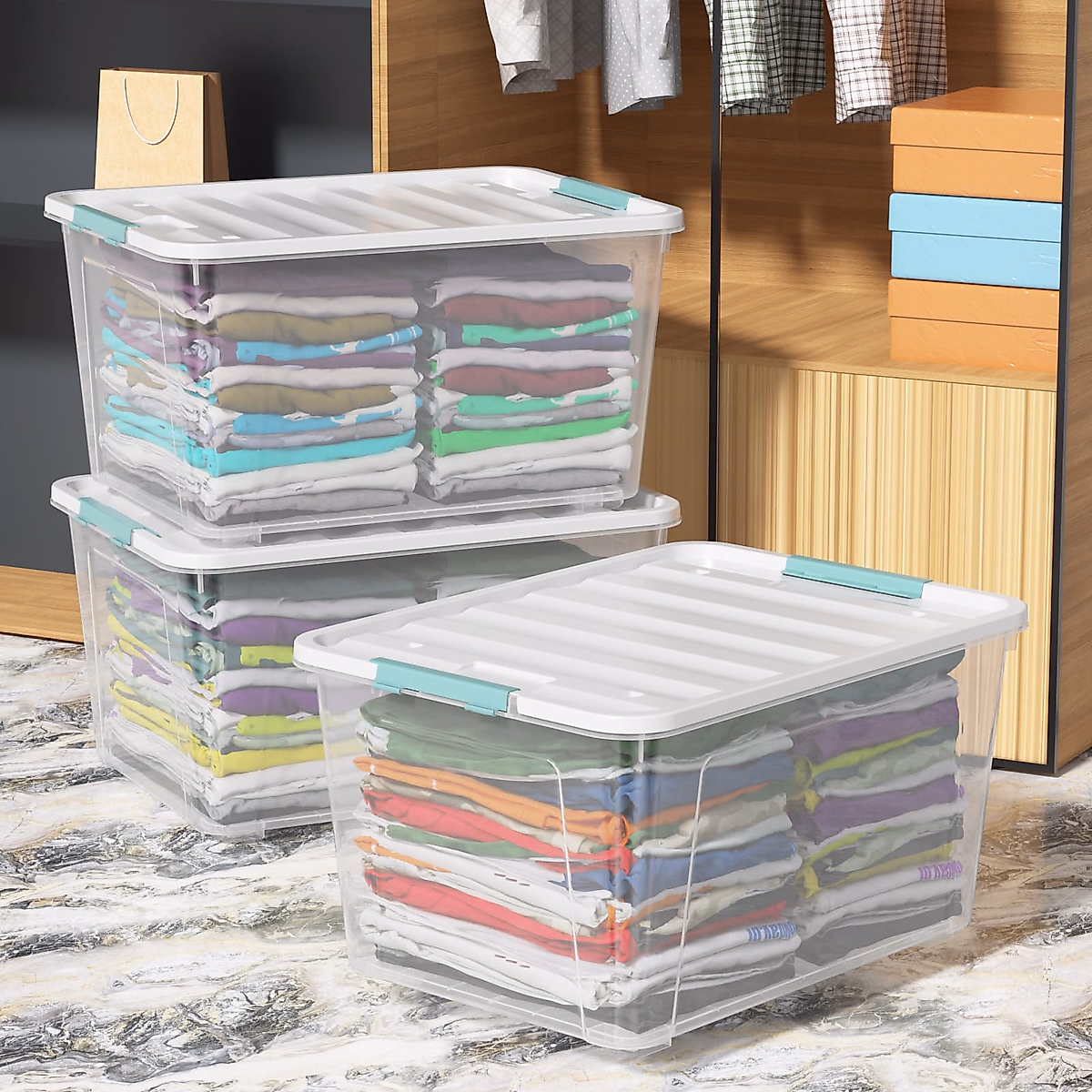 Vcansay 85 Qt Large Latching Storage Box, Large Clear Plastic Storage Bin, Multipurpose Storage Container with Lid, 4 Packs