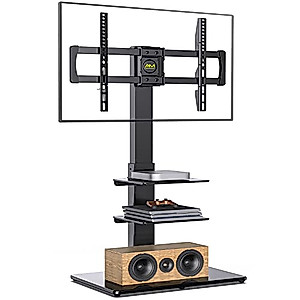 AM alphamount TV Stand with Mount for 37 40 43 49 50 55 60 65 70 75 Inch LCD LED TVs, Height Adjustable Swivel Universal Tall Floor TV Stand with Storage Shelves for Bedroom and Living Room