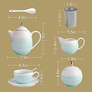 Sweejar Porcelain Tea Sets, 8 OZ Cups & Saucer Service for 4, Teapot Sugar Bowl Cream Pitcher Teaspoons and Tea Strainer for Adult Tea Coffee Afternoon Party(Blue)