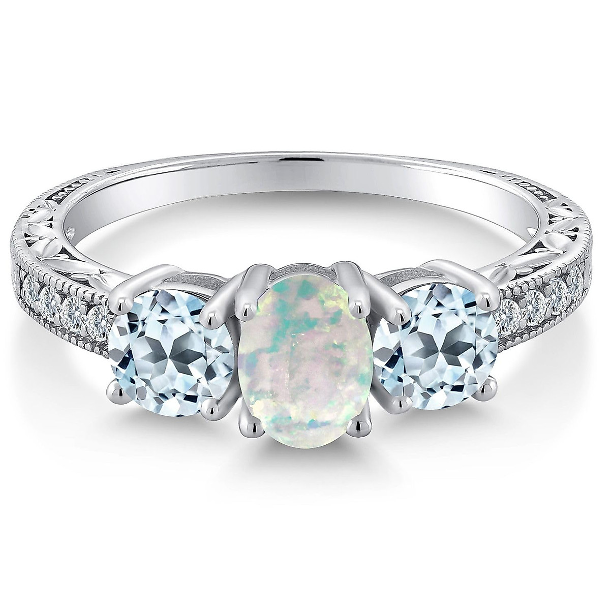 Gem Stone King 925 Sterling Silver White Simulated Opal and Sky Blue Topaz Ring For Women (1.75 Cttw, Oval Gemstone Birthstone, Available In Size 5, 6, 7, 8, 9)