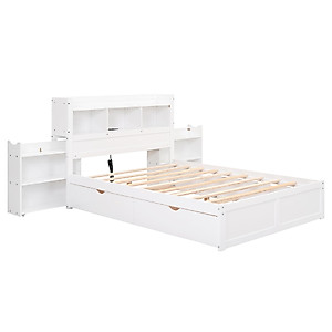 Full Storage Bed Frame with Twin Size Trundle,Bookcase Headboard and Charging Station,Wood Full Size Platform Bed with Pull Out Shelves and Drawers for Kids,Teens,Adults,Noise Free,White